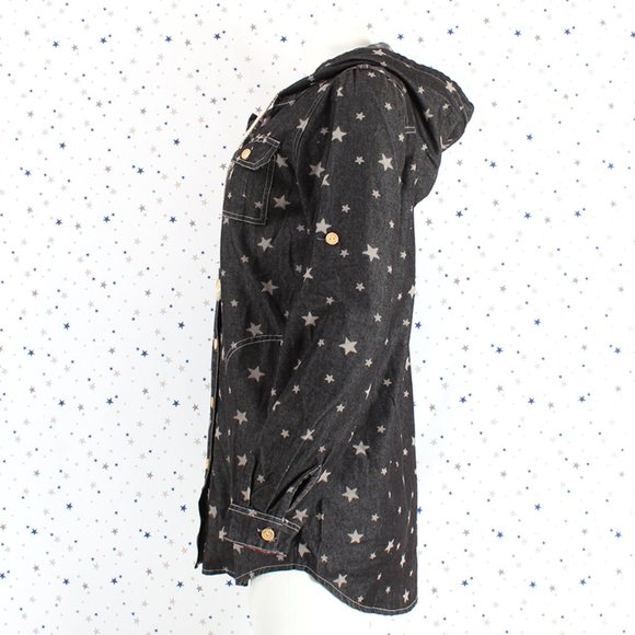 Jackets & Coats | Star Print Hooded Button Up Denim Jacket Black | Poshmark